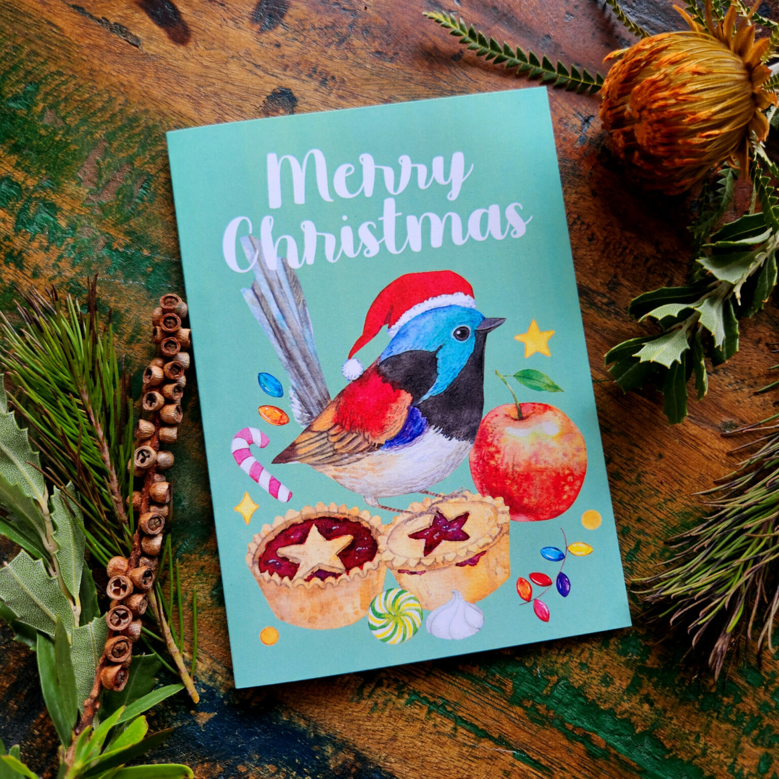 Christmas card fairy wren and fruit mince pie by Watercolour by Cat ...